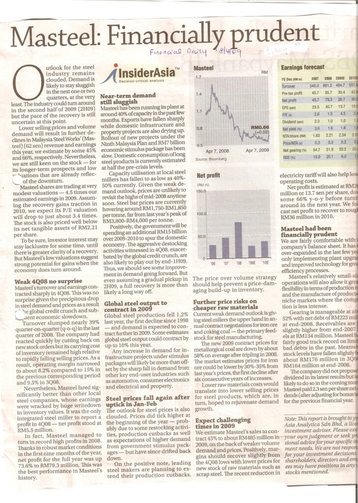 Masteel Financially Prudent – Malaysia Steel Works