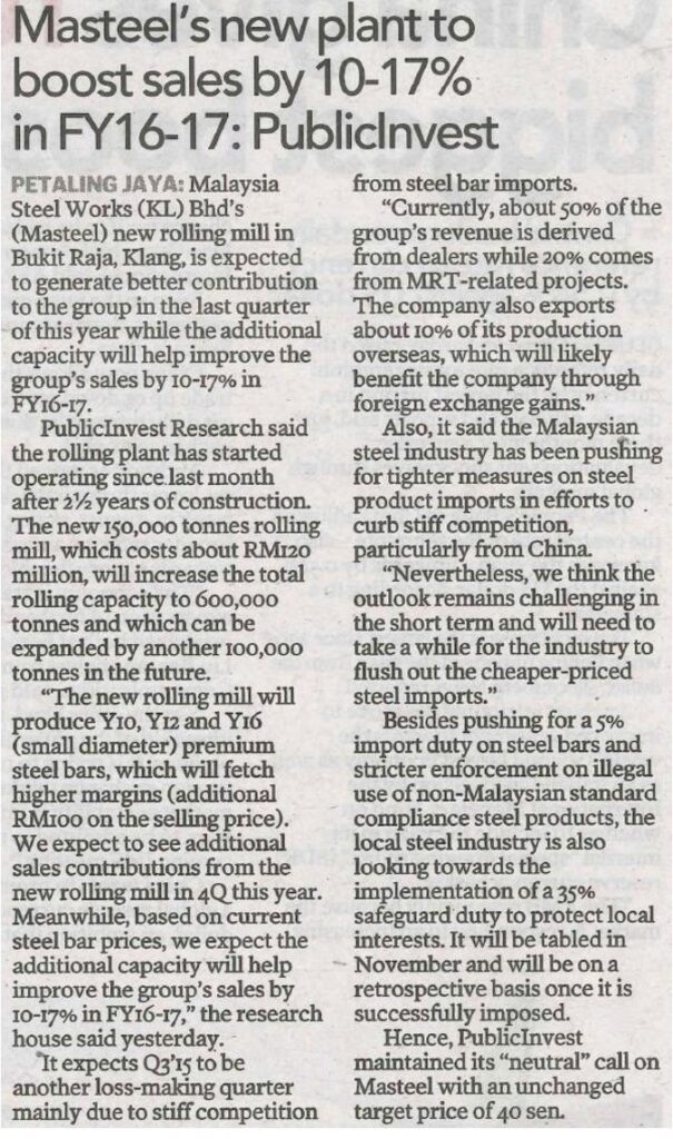 Masteel’s new plant to boost sales by 10-17% in FY16-17 PublicInvest ...