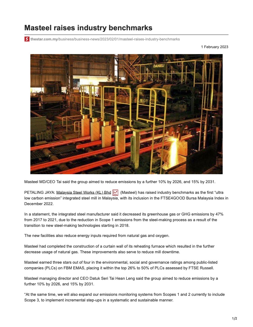 Masteel raises industry benchmarks – Malaysia Steel Works