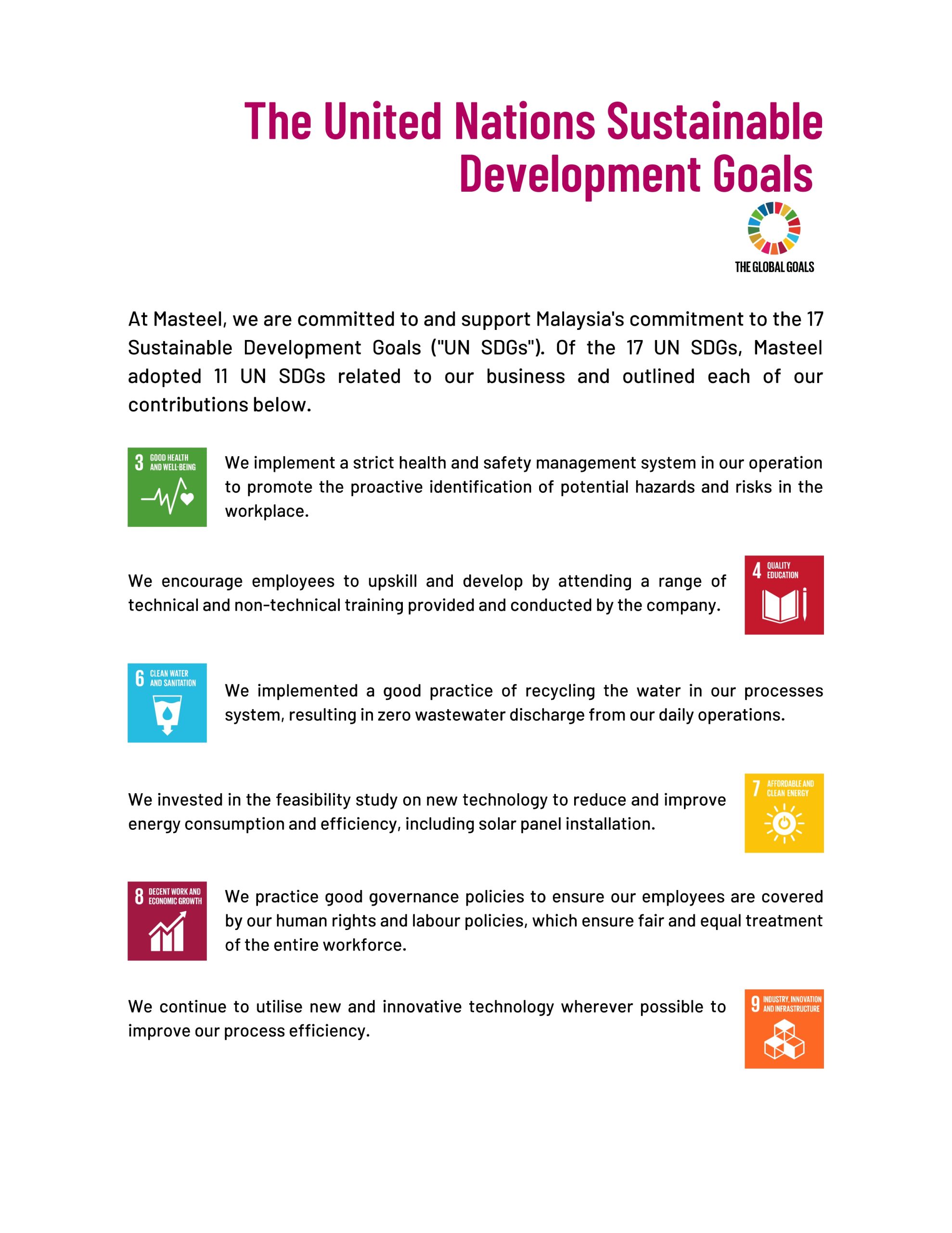 The United Nations Sustainable Development Goals – Malaysia Steel Works